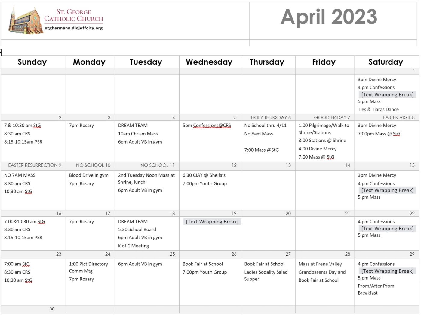 April Calendar | St. George Catholic Church (Hermann)