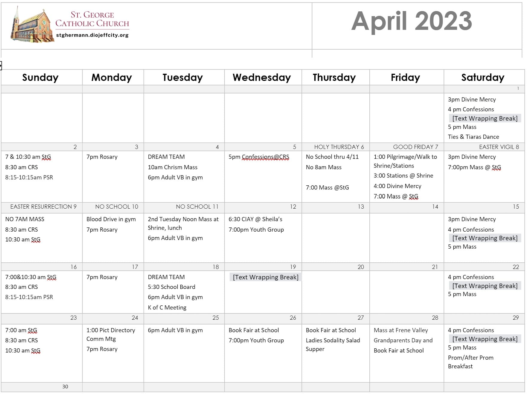 April Calendar | St. George Catholic Church (Hermann)